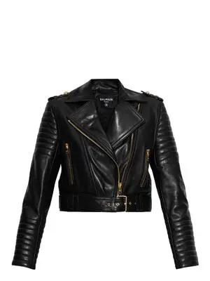Balmain Cropped Leather Biker Jacket - Black