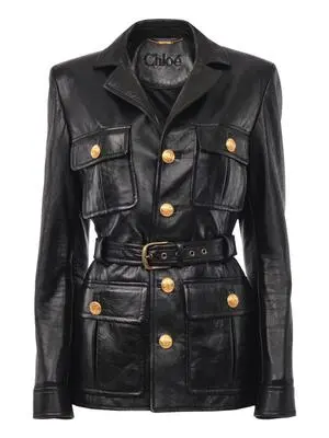 Chloé Belted Leather Jacket With Gold Button Details - Black