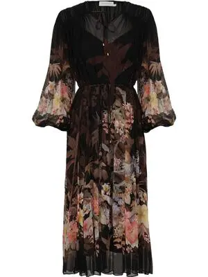 Zimmermann Floral Midi Dress With Self-tie Belt - Black Tropical