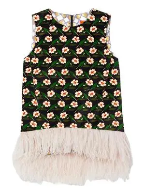 La DoubleJ Graphic Print Sleeveless Top With Feather Trim - Multicolor