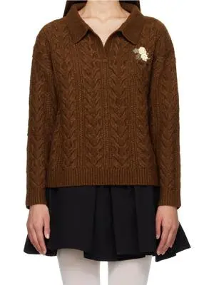 SHUSHU/TONG Floral Appliqué Polo Jumper - Brown
