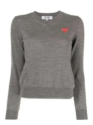 Play Comme Des Garcon Intarsia Knit Logo V-neck Jumper - Gray