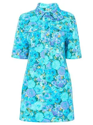 Chloé Floral Print Mini Polo Dress - Blue