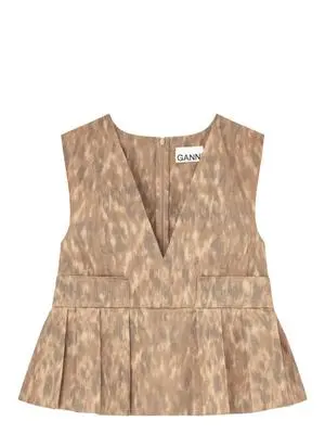 GANNI Sleeveless V-neck Printed Cotton Top - Nude