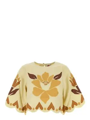 Farm Rio Floral Appliqué Scalloped Top - Yellow