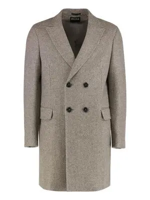 Zegna Double Breasted Long Sleeve Coat - Gray