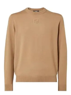 Fendi Long Sleeved Crewneck Knitted Sweater With Embossed Ff Logo - Brown