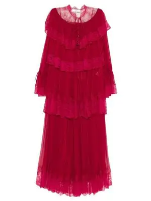 CHLOÉ Chloe Long Sleeve Tiered Lace Trim Dress