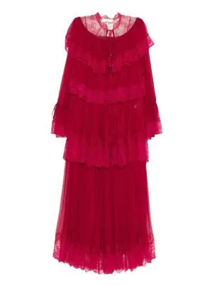 Chloé Long Sleeve Tiered Lace Trim Dress - Red