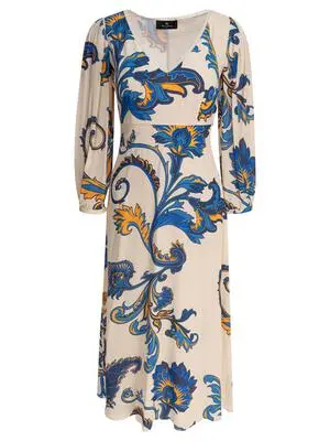Etro Paisley Printed V-neck Midi Dress - Beige