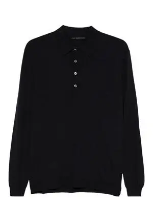 LOW BRAND Long-sleeved Knitted Polo Shirt - Navy Blue