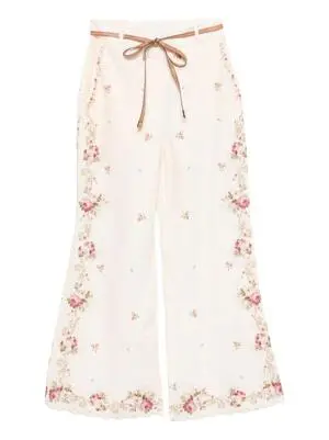 Zimmermann Patience Belted Flare Pants - Cream/pink Rose