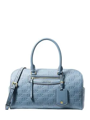 Michael Kors Jet Set Travel Medium Logo Embossed Leather Duffel Crossbody Bag - Light Blue