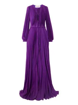 Valentino Garavani Pleated Silk-crepe Gown With Tie Neck - Purple
