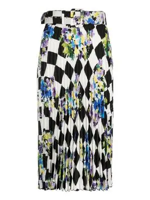 Off-White Floral Check Print Pleated Midi Skirt - Multicolor