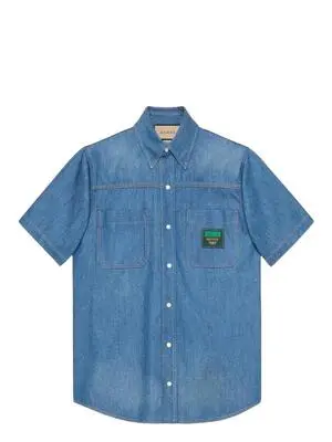 Gucci Logo Patch Short-sleeved Denim Shirt - Blue