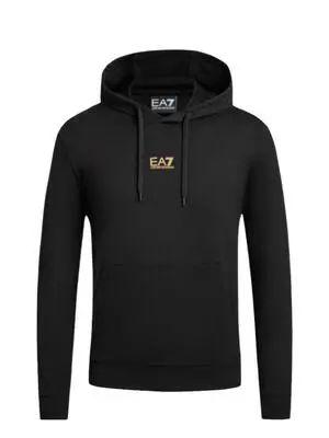 EA7 Core Identity Drawstring Hoodie With Patterned Decoration - Black