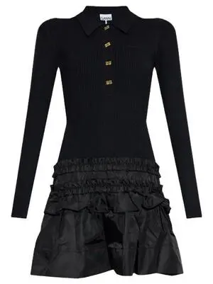 GANNI Rib Knit Ruffle Mini Dress - Black