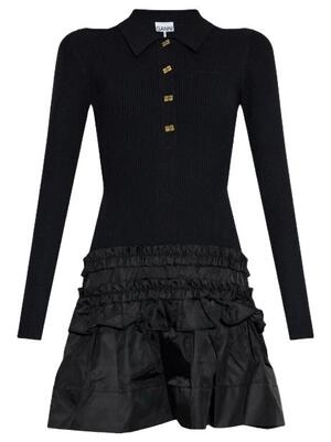 GANNI Ribbed Knit Mini Dress With Ruffles - Black