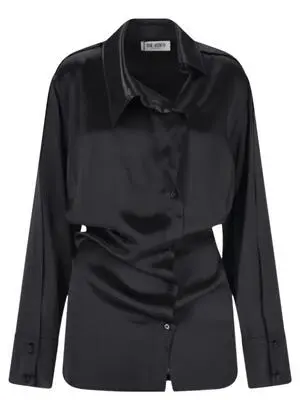 Attico Asymmetric Satin Mini Shirt Dress - Black