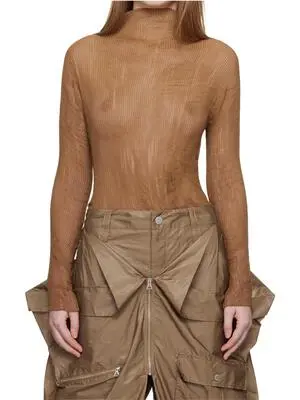 Issey Miyake Pleated Turtleneck Blouse - Brown