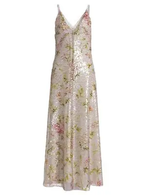 Alberta Ferretti Sequined Floral Print Maxi Dress - Nude
