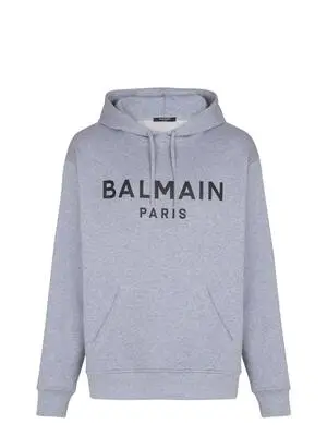 Balmain Paris Logo Print Drawstring Hoodie - Grey