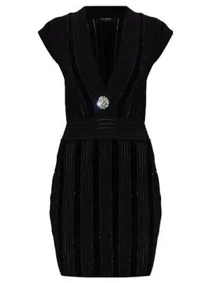Balmain Sequin Embellished V-neck Short Sleeve Dress - Black