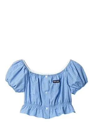 Miu Miu Checked Poplin Cropped Top - Light Blue
