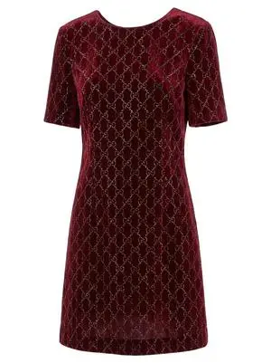 Gucci Gg Crystal Embroidered Velvet Dress - Gucci Encora Red