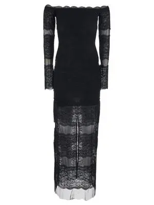 Blumarine Off-shoulder Embroidered Lace Maxi Dress - Black