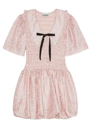 GANNI Checked Mini Dress With V-neck And Bow Detail - Pink