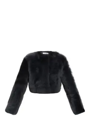 IRO PARIS Long Sleeve Fur Cropped Jacket - Navy Blue