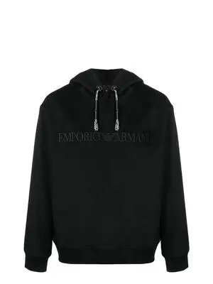 Emporio Armani Embroidered Logo Cotton Hoodie - Black