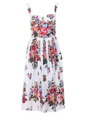 Dolce & Gabbana Floral Print Sweetheart Neckline Midi Dress - White