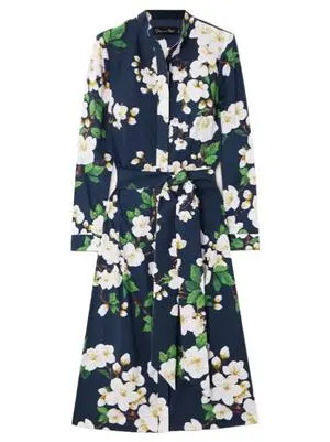 Oscar De La Renta Midi Shirt Dress With Cherry Blossom Print And Belt - Multicolor