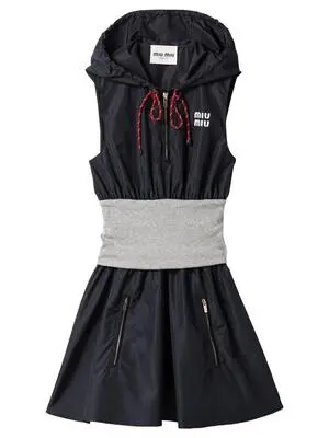 Miu Miu Sleeveless Technical Fabric Dress With Hooded Collar And Belt - Blue/grey
