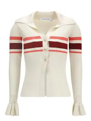 SELF-PORTRAIT Self-Portrait Striped Ribbed Cardigan With Ruffled Cuffs White