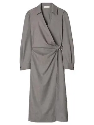 Tory Burch Wool Wrap Dress With Waist Buckle - Gray