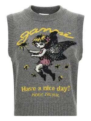 GANNI Sleeveless Graphic Appliqué Knit Top - Grey