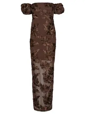 ROTATE BY BIRGER CHRISTENSEN Off-the-shoulder Floral Embroidery Maxi Dress - Brown