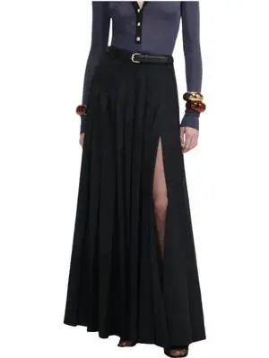 SELF-PORTRAIT Pleated Maxi Skirt With Side Slit - Black