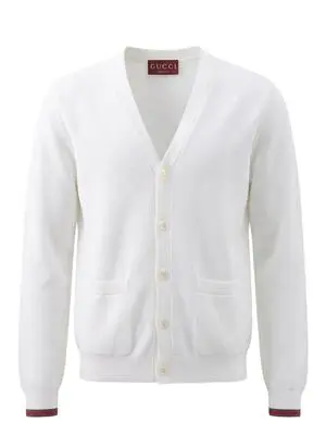 Gucci Cotton Piquet Knit Cardigan With Web Trim - White