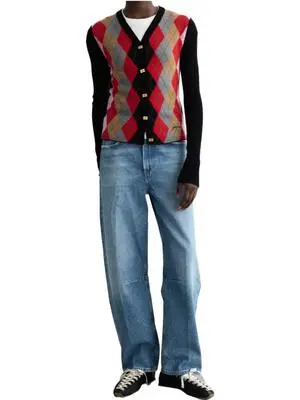 GANNI Long Sleeve V-neck Cardigan With Argyle Pattern - Black