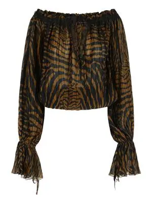 Blumarine Off-the-shoulder Printed Top With Lace Trim - Brown