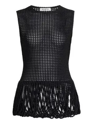 Alaïa Bead Knit Peplum Tank Top With 3d Fringe - Black