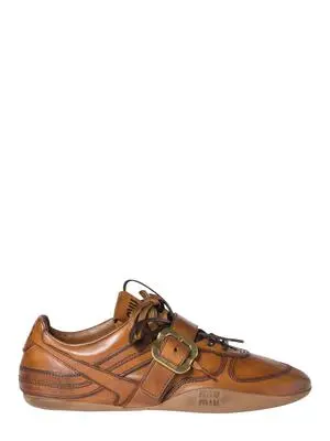 Miu Miu Leather Lace-up Sneakers With Buckle Detail - Cognac