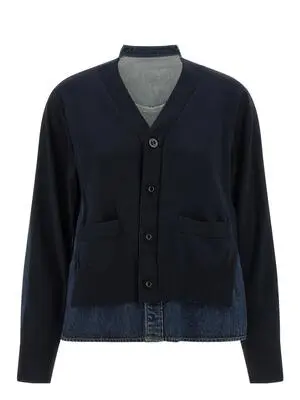 Sacai Denim-panelled V-neck Cardigan - Blue
