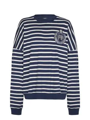 Balmain Cotton College Emblem Sweatshirt With Breton Stripes - Blue