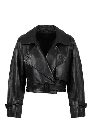 Nour Hammour Cropped Belted Leather Jacket - Black